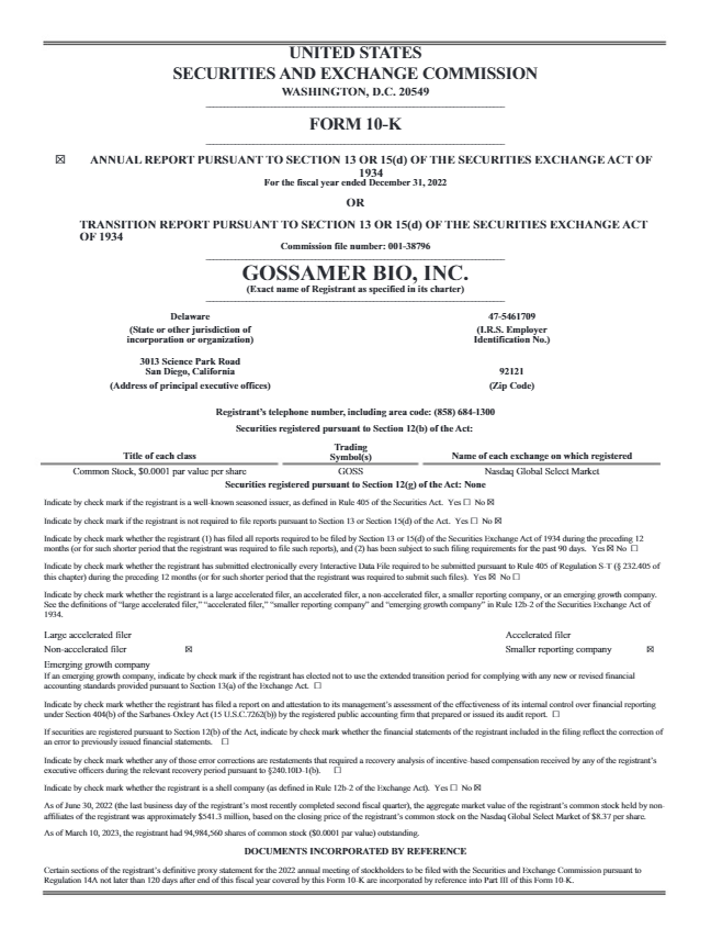 Gossamer Bio Inc. 2023 Annual Meeting